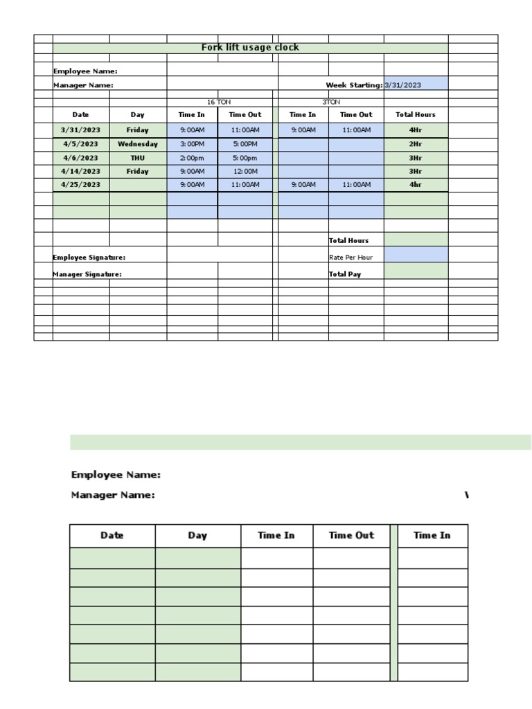 Forklift Usage Timesheet Template | PDF