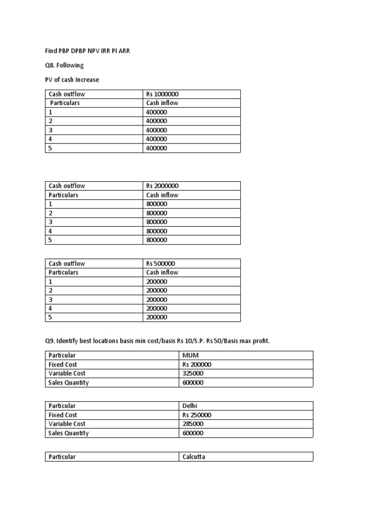 Find PBP DPBP NPV IRR PI ARR | PDF