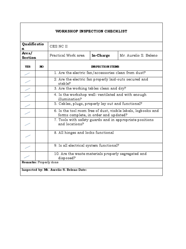 Workshop Inspection Checklist Template | PDF