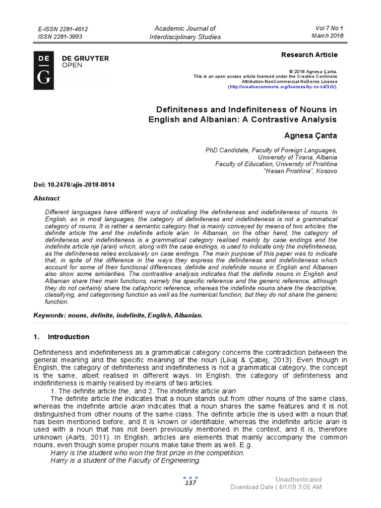 Definiteness and Indefiniteness of Nouns in Englis | PDF | Noun ...