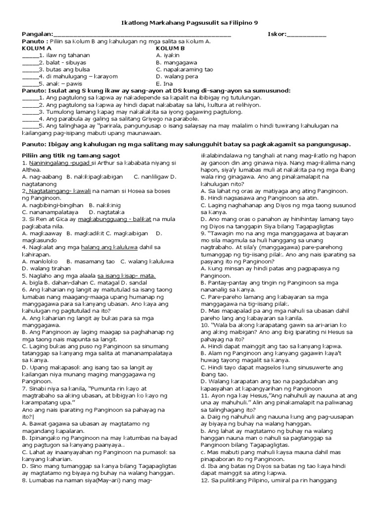 Ikatlong Markahang Pagsusulit Sa Filipino 9 | PDF