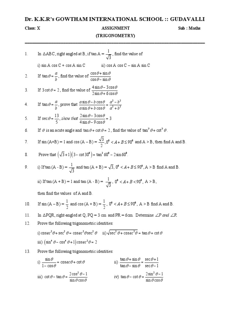 X-_MAT_ASSIGNMENT_TRIGONOMETRY_23_24 | PDF | Trigonometric Functions | Trigonometry