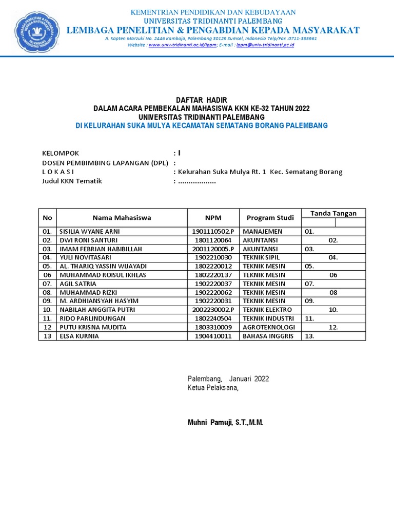 Daftar Hadir Pembekalan KKN Ke-32 Tahun 2022-26-Mhs | PDF