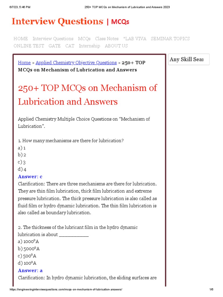 MCQs on Lubrication Mechanisms | PDF | Lubricant | Friction