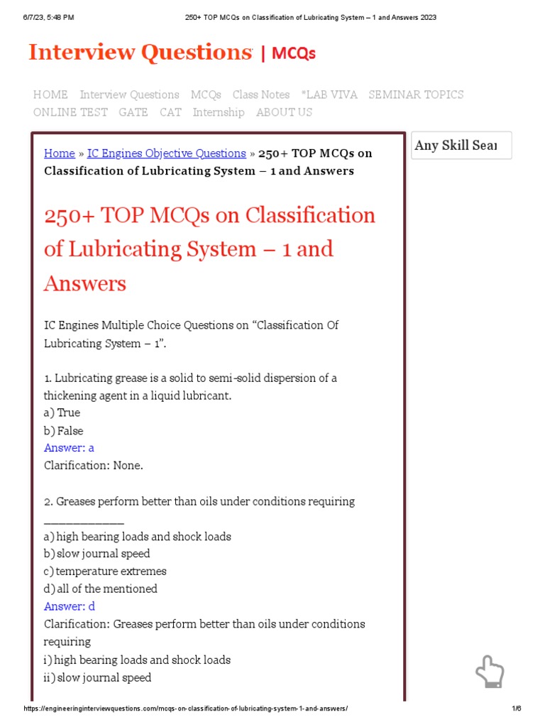 4-TOP MCQs On Classification of Lubricating System - 1 and Answers 2023 ...