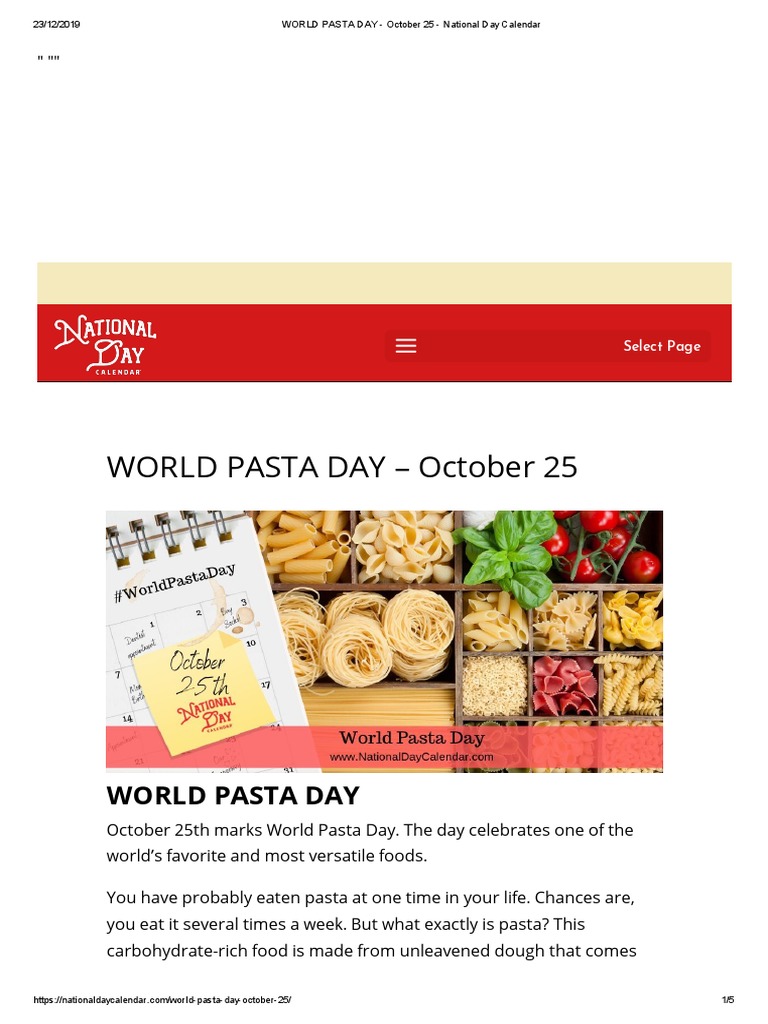 WORLD PASTA DAY - October 25 - National Day Calendar | PDF