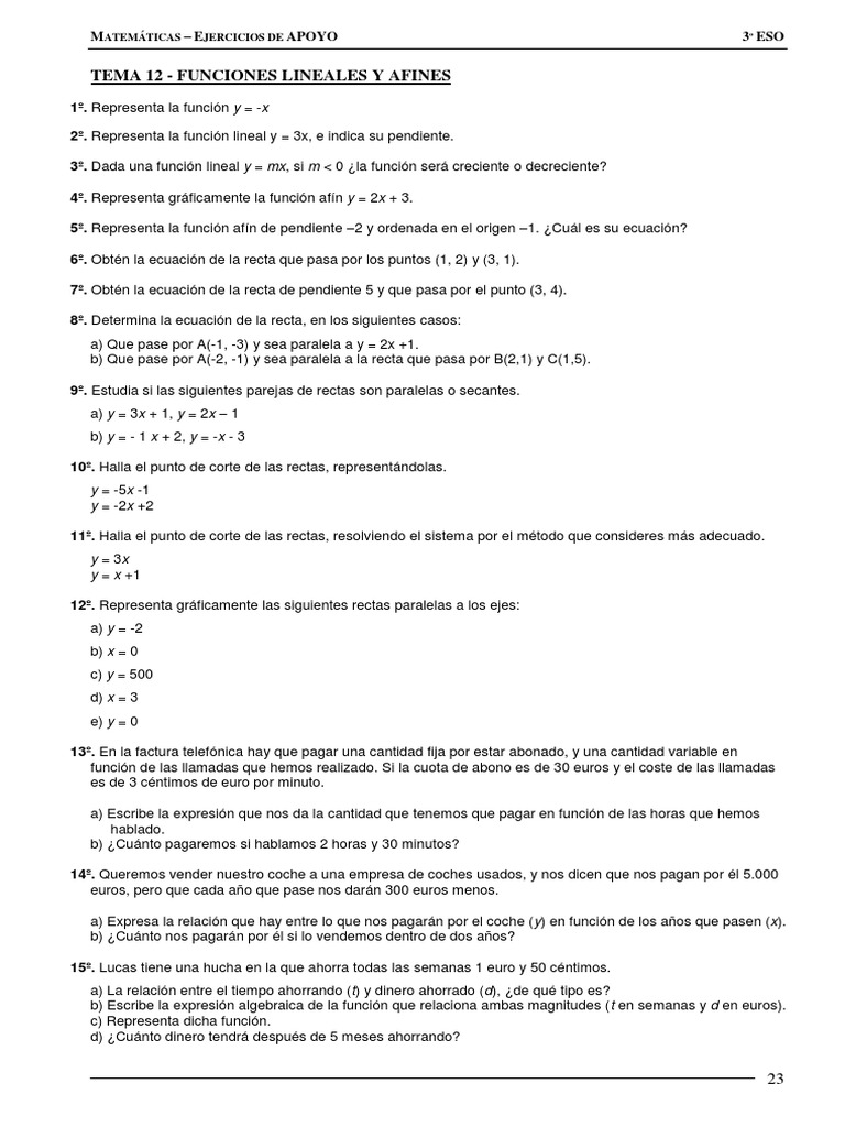 Funciones Lineales y Afines Ejercicios de Apoyo | PDF | Pendiente ... Funciones Lineales y Afines Ejercicios de Apoyo | PDF | Pendiente ...