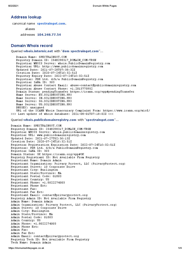 Spectraingot Domain WHOIS Details | PDF | Domain Name Registrar ...