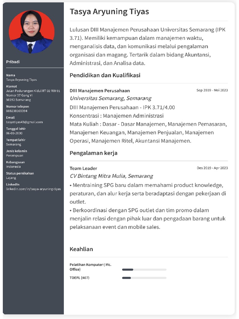 CV Tasya Aryuning Tiyas | PDF
