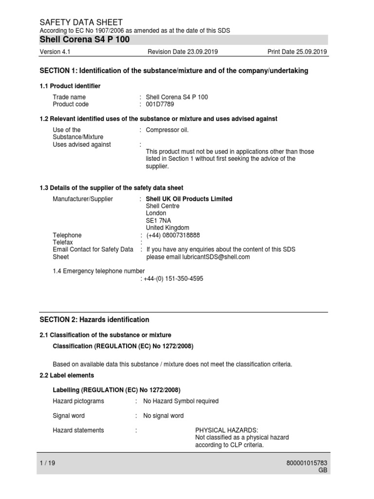Shell Corena s4 P 100 Msds | PDF | Dangerous Goods | Personal Protective Equipment