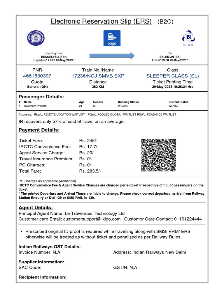 Electronic Reservation Slip for Train Travel | PDF | Identity Document