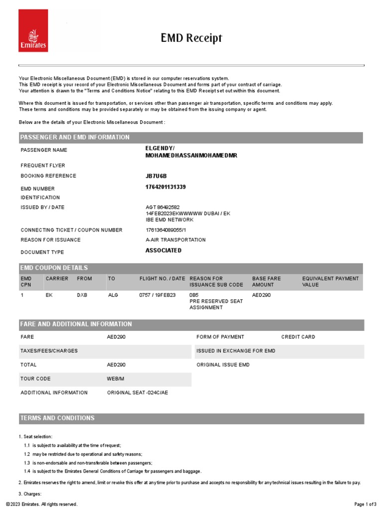 Emirates Seat | PDF | Emirates (Airline) | Receipt