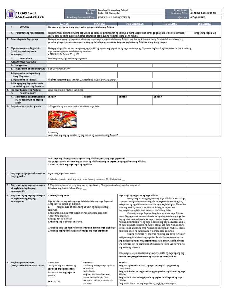 DLL Araling Panlipunan 5 q4 w7 | PDF