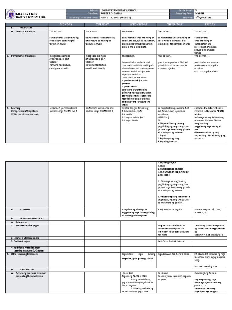DLL - Mapeh 5 - Q4 - W6 | PDF | Learning | Teachers