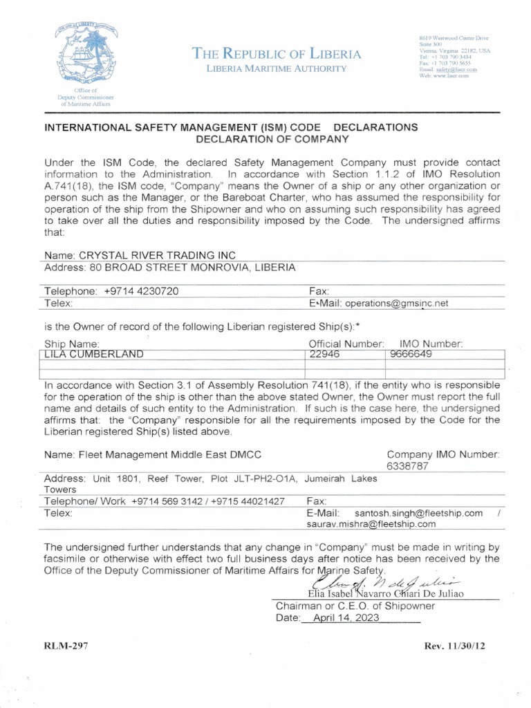 Lila Cumberland Registration Declaration | PDF | Shipping | Water Transport