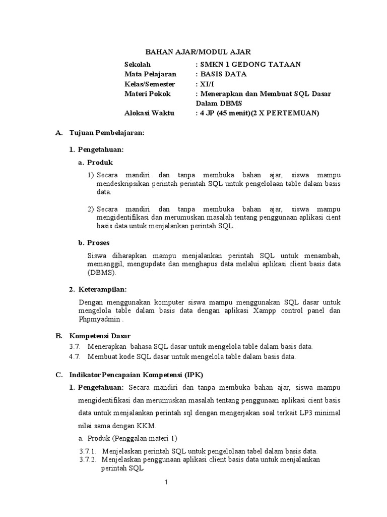 Bahan Ajar, MODUL AJAR SQL | PDF | Komputer