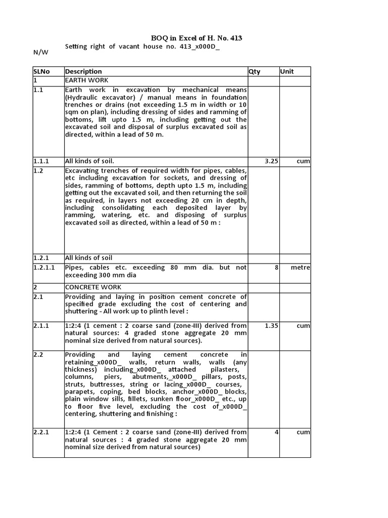 BOQ in Excel of H. No. 413 | PDF