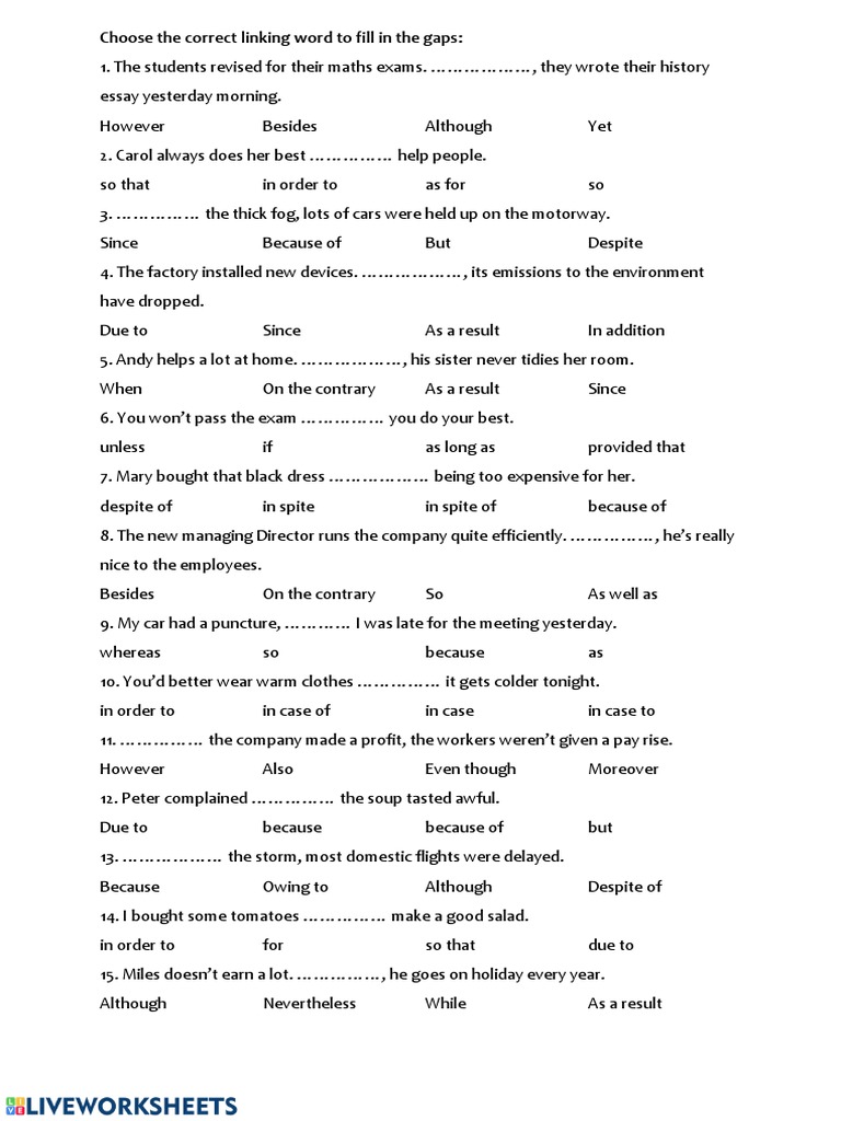 Choose The Correct Linking Word To Fill in The Gaps | PDF