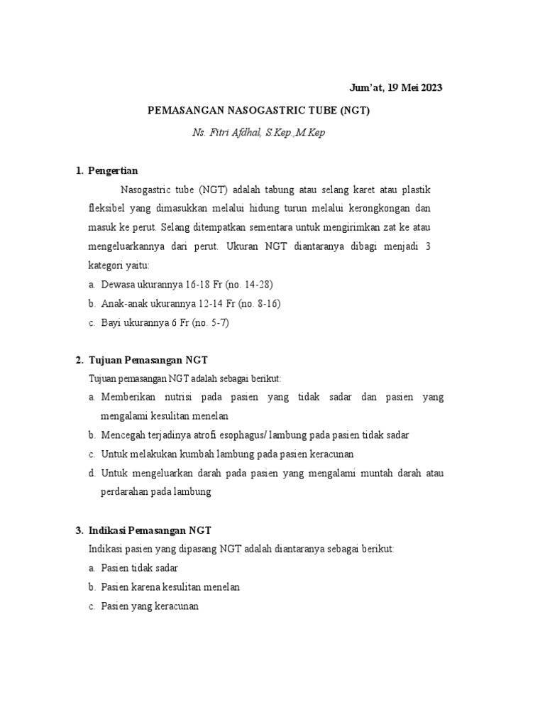 Nasogastric Tube (NGT) | PDF
