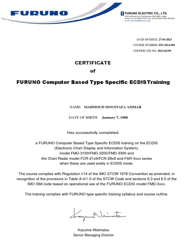 Specific Type Training For Furuno FMD Ecdis Certificate | PDF