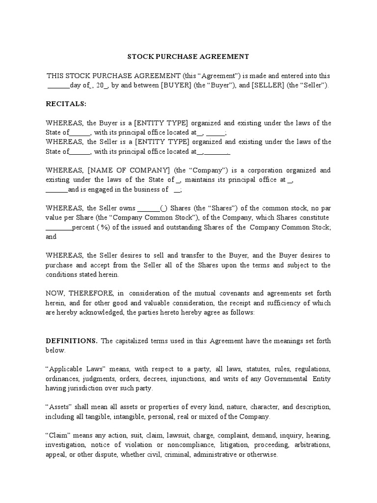 Stock Purchase Agreement Template | PDF