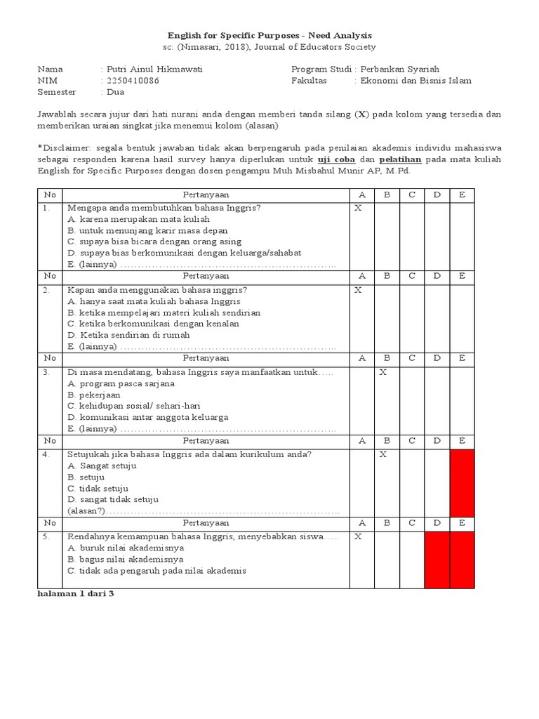 ESP - Blangko Angket Need Analysis | PDF