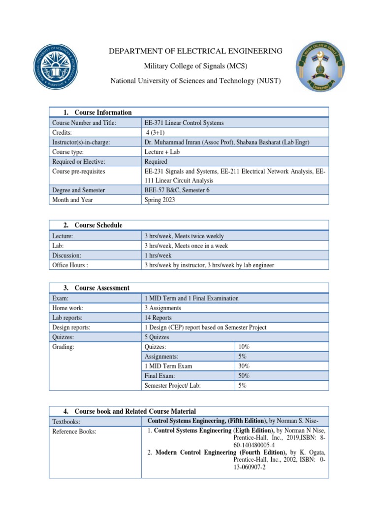EE-371 Linear Control Systems First Day Handout | PDF | Control Theory ...