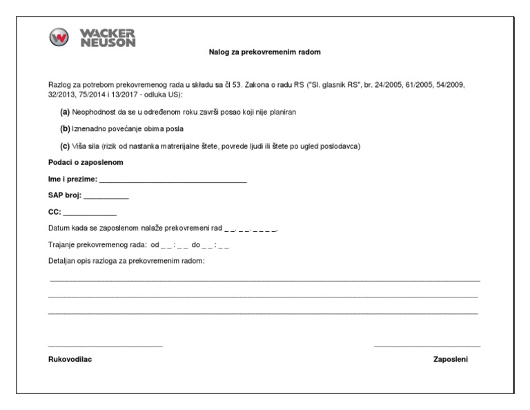 Prekovremeni Rad - Nalog | PDF
