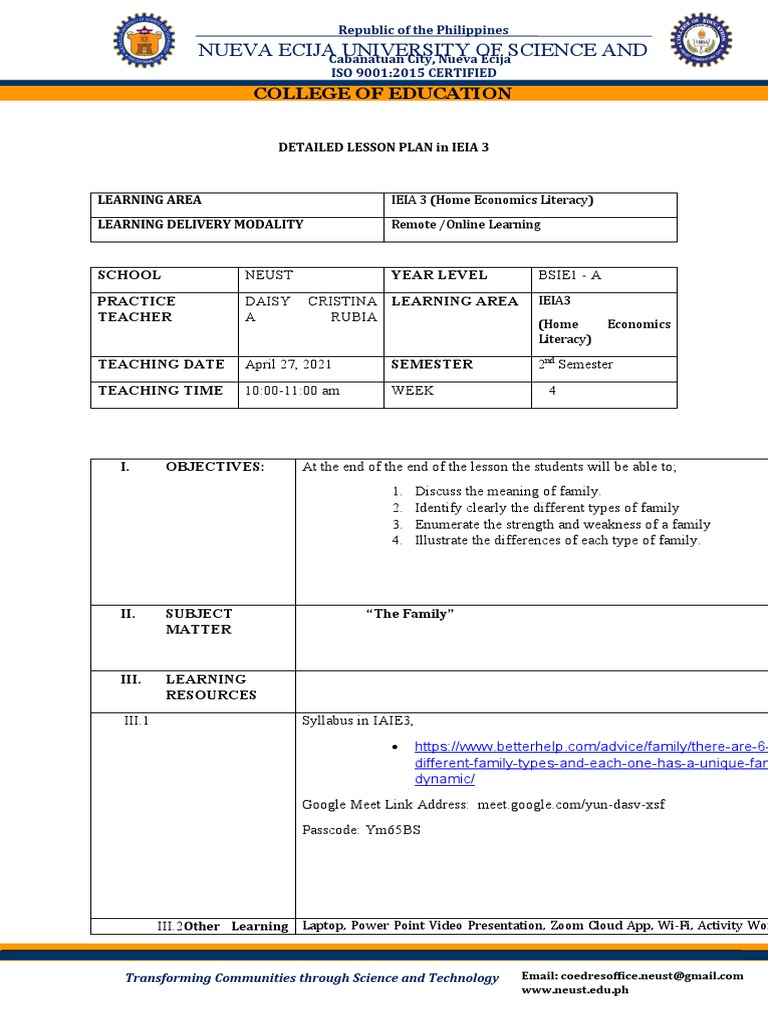 DAISY Rubia Final Demo Detailed Lesson Plan in TLEHE 3 The Family | PDF ...