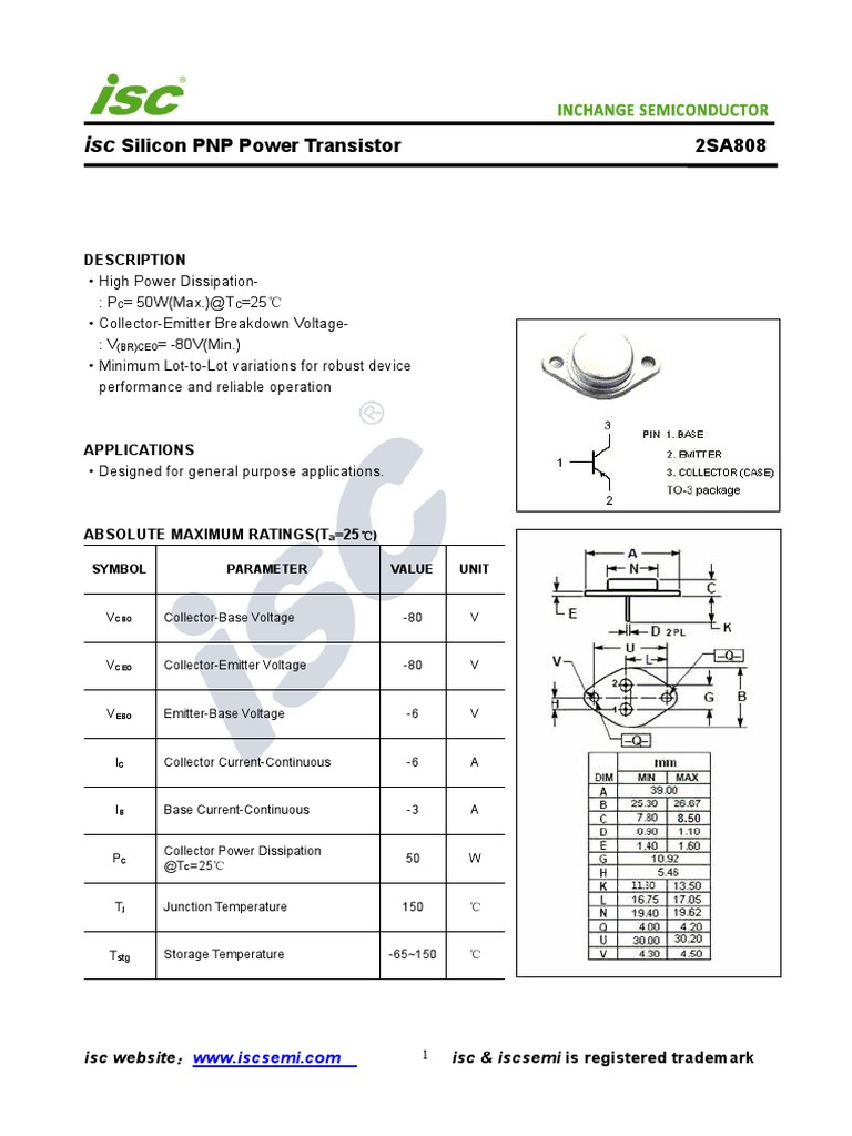 2SA808 | PDF | Bipolar Junction Transistor | Electronic Engineering