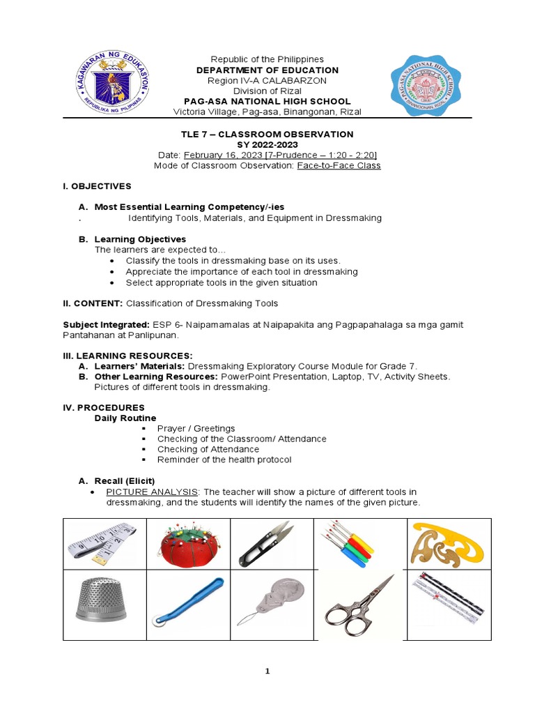 Dressmaking Tools Lesson Plan | PDF | Art
