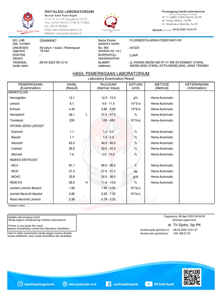Hasil Lab Hematologi Pasien 40 Tahun | PDF