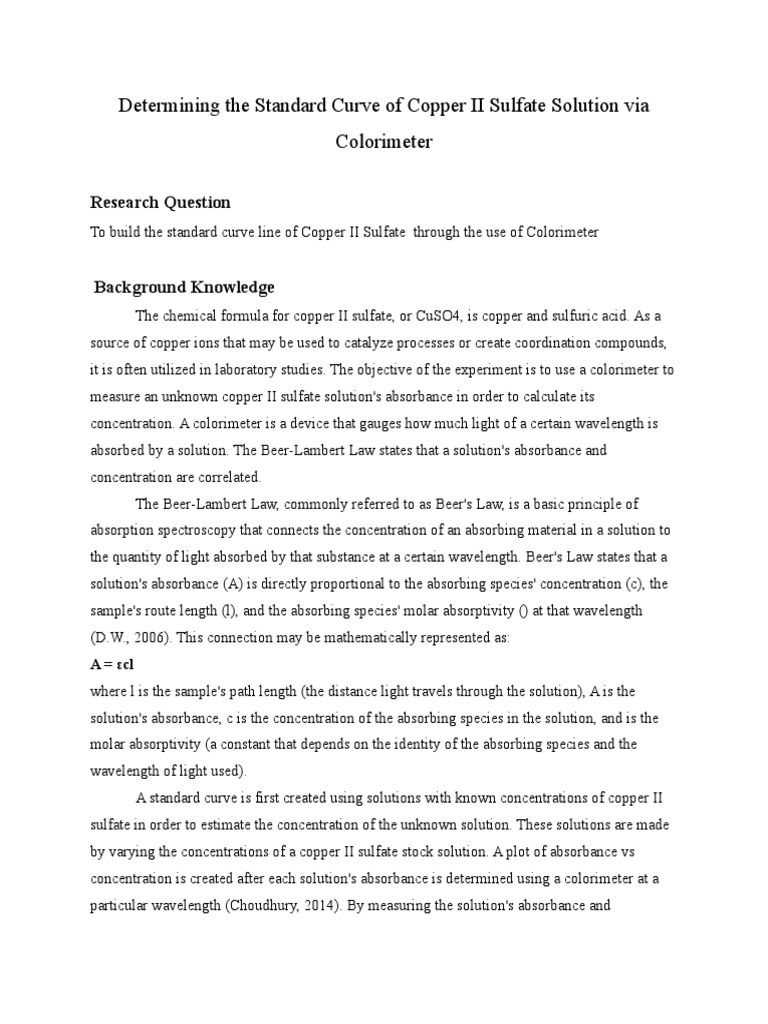 Standard Curve of Copper II Sulfate Solution Via Colorimeter Lab | PDF ...
