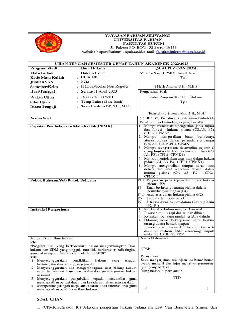 GILIMAN CHRISTUPA 010122358 JAWABAN UTS H. Pidana 2 Non Reguler | PDF