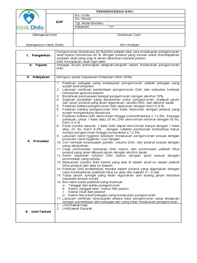 Prosedur Pengenceran Dextrose 40% | PDF