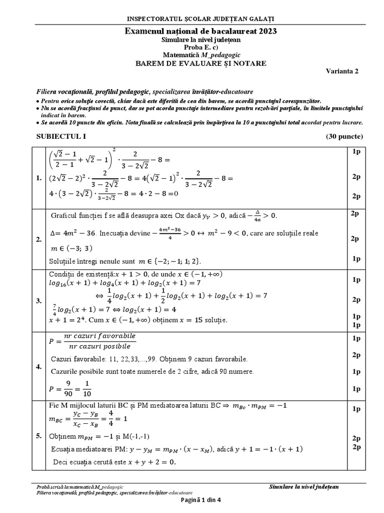 BAREM Mate Peda Simulare Jud | PDF