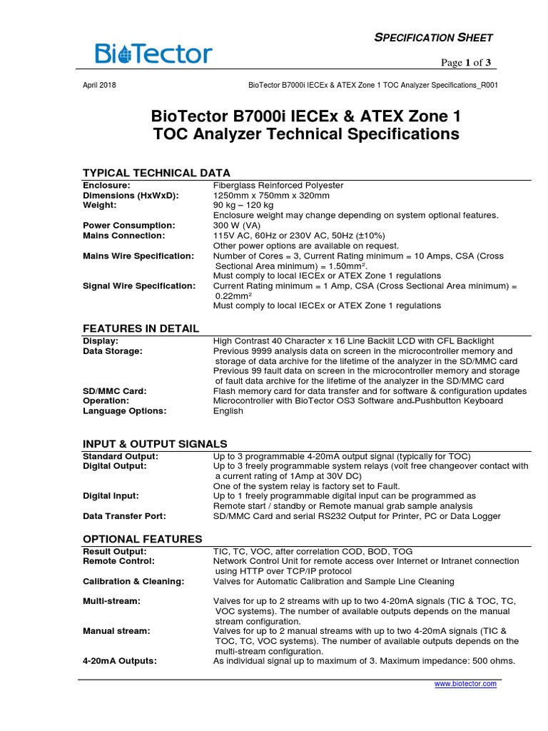 BioTector B7000i IECEx - ATEX Zone 1 TOC Analyzer Specifications - R001 ...