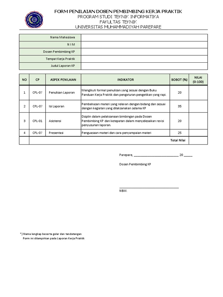 06 Form Penilaian Dosen Pembimbing | PDF | Teknologi & Rekayasa