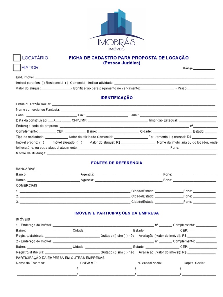 CNPJ - FICHA DE CADASTRO PARA PROPOSTA DE LOCAÇÃO | PDF | Aluguel ...