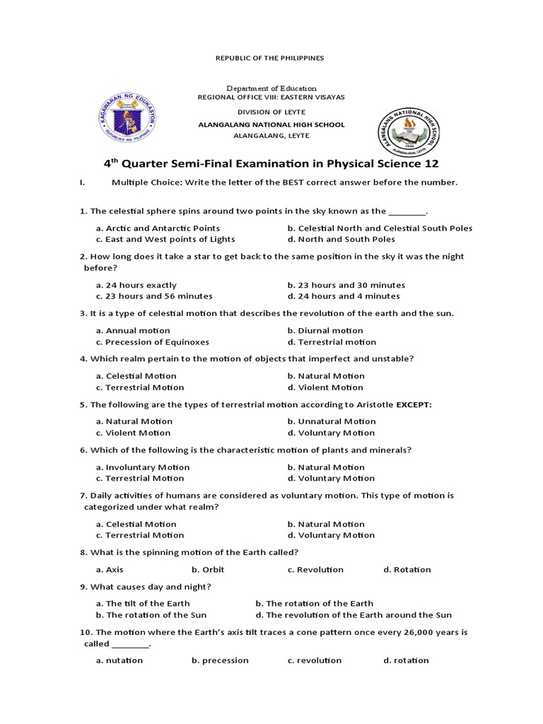 4th Quarter Test PHYSICS 12 | PDF