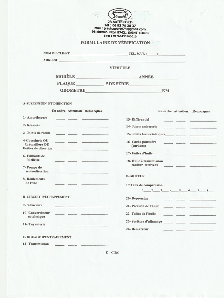 Ficha Contrôle Vehicule | PDF