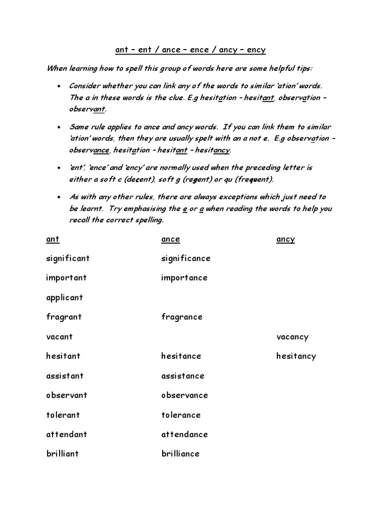 Ant Ent Ance Ence Ancy Ency | PDF