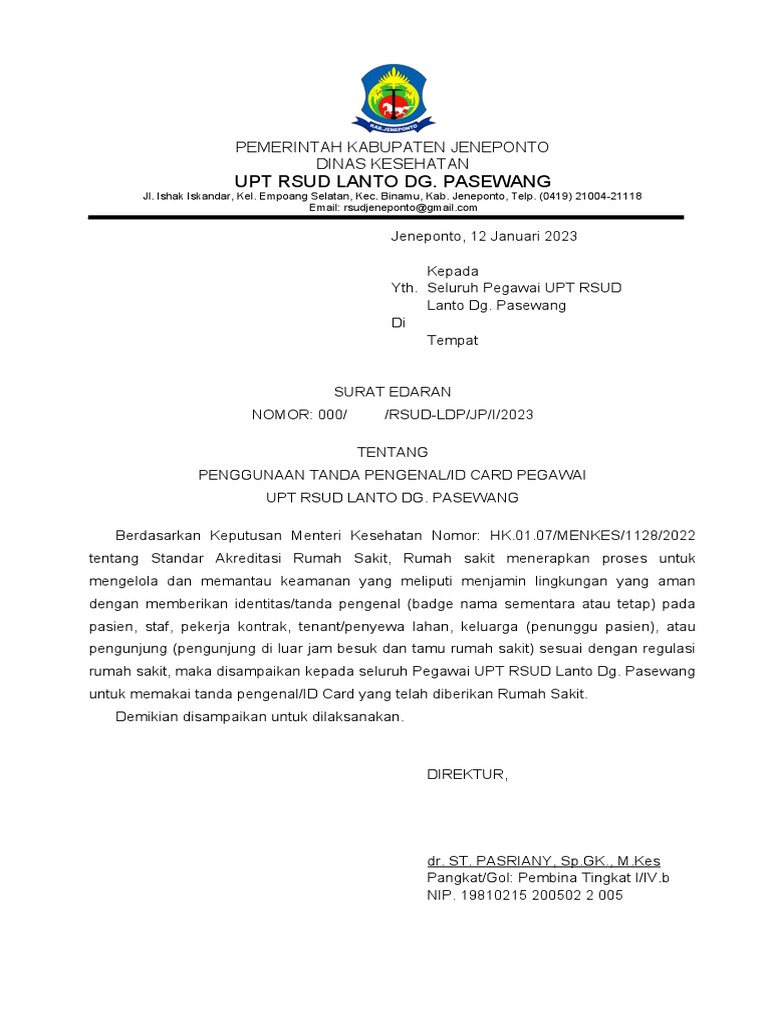 Edaran Pemakaian Id Card Seluruh Staf RS | PDF