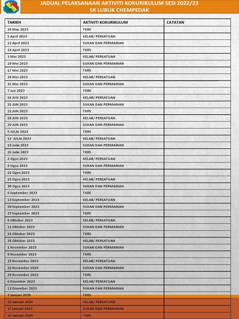Jadual Pelaksanaan Minggu Kokurikulum Sesi 2023 | PDF
