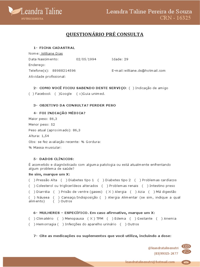 Questionário Pré Consulta 1 | PDF