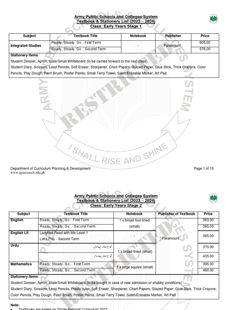 Books Stationery List - Class EYS 1 XII - Session 2023 24 | PDF