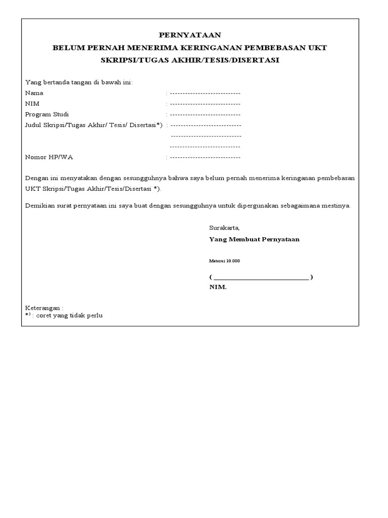 Template BELUM PERNAH MENERIMA KERINGANAN PEMBEBASAN UKT Bebas UKT TA Feb - Juli 2023 100 | PDF
