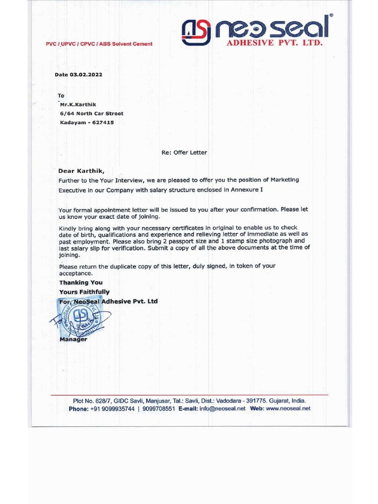 K Kartik Offer Letter | PDF