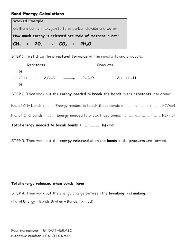 Year 10 Bond Energy Calculations Worksheet | PDF