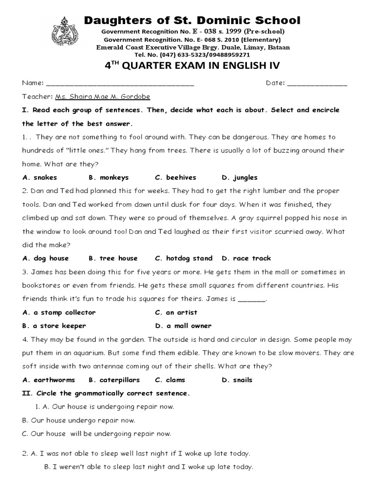 4TH Quarter Exam English Iv | PDF